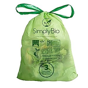 Simply Bio 3 Gallon Compostable Trash Bag with Drawstring, Heavy Duty Extra Thick 1 Mil, 50 Count, 11.36 Liter, Small Kitchen Food Scrap Trash Bags, ASTM D6400, US BPI and Europe OK Compost Certified