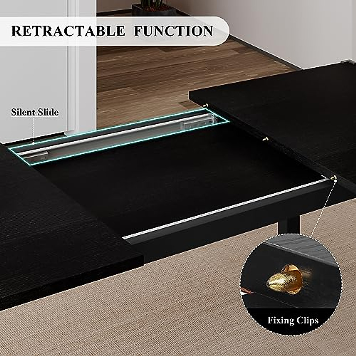 iPormis 3-Piece Dining Table Set for 4-8, 63" Extendable Kitchen Table with 2 Benches, Dining Room Table Set with Metal Frame & Wooden Board, Easy Clean, Black