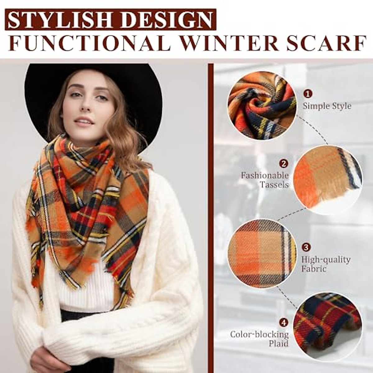 BFONS Plaid Blanket Scarf Winter Fall Scarfs for Women, Warm Soft Chunky Large Blanket Wrap Shawl Oversized Scarves Gift For Women Orange