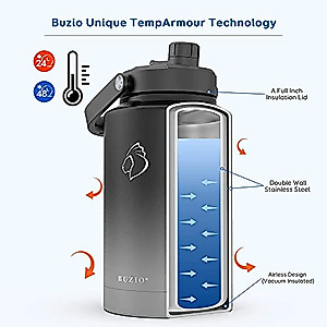 BUZIO One Gallon Vacuum Insulated Jug, Insulated Beer Growler, 18/8 Food-Grade Stainless Steel 128oz Water Bottle Comes with Two Carrying pouch Two Stainless Steel Cups Thermo Canteen Mug,Graphite