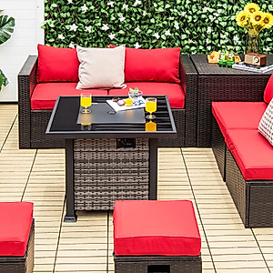 COSTWAY 32" Outdoor Fire Table, 50,000 BTU Propane Fire Pit Table w/Lid & Lava Rocks Rain Cover, Rattan Style Metal Patio Fireplace, Gas Firepit Table for Outside Yard Balcony, Grey