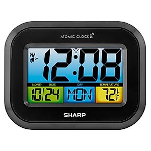 Sharp Atomic Digital Alarm Clock, Battery Operated Self-Setting Digital Wall or Desk Clock, Easy to Read Color Display Nightlight with Indoor Temperature and Calendar