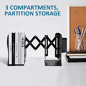 SubClap Adjustable Metal Bookends with Pen Stand Holder, Expandable Book Racks to Hold Heavy Book, Magazines, Telescopic Design Desktop & Bookshelf Organizer Book End for Home Office School, Black