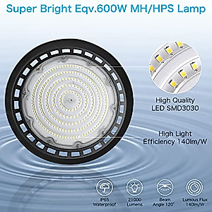 ZCWZMW LED High Bay Light 150W, 21000LM, 5000K LED Bay Light, US Plug with 5' Cable, (Eqv. to 600W HPS/MH) High Bay LED Lights for Commercial Shop Lowbay Area Lighting, AC85-265V Warehouse Lights