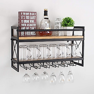 OISSIO Industrial Stemware Rack Wall Mounted,Wine Rack with Wood Shelves,2 Tier Stemware Storage with 6 Stem Glass Holder for Wine Glasses,Mugs,Home Decor,Black(24 inch)