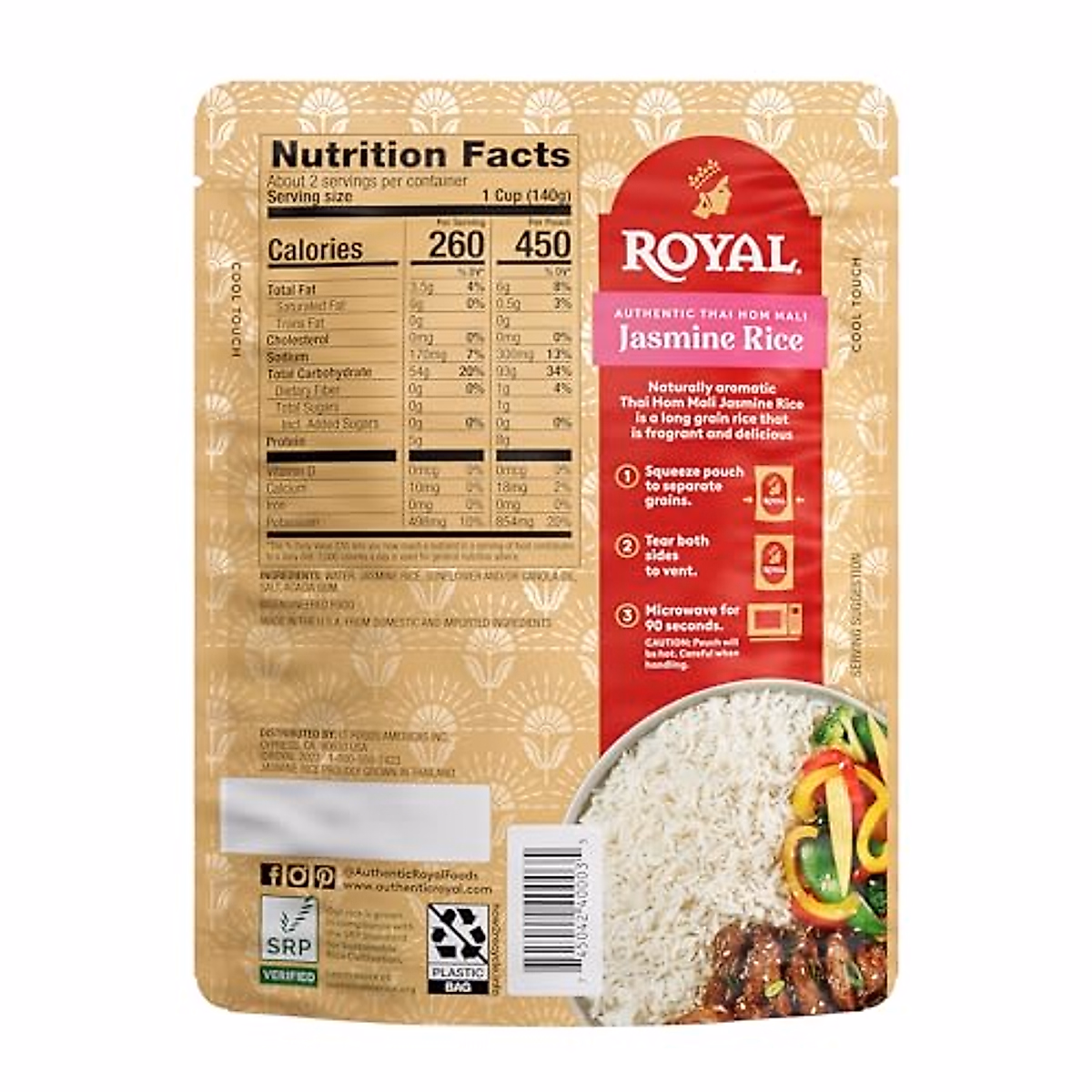 Royal Authentic Thai Hom Mali White Jasmine Rice - Microwave Rice - Dinner Side Dish - (4 Pack) 8.5 oz Pouch