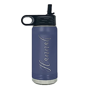 Personalized Bottle 20 oz with Straw Navy Blue Custom Laser Engraved Stainless Steel Vacuum Insulated Sport Bottle with Name