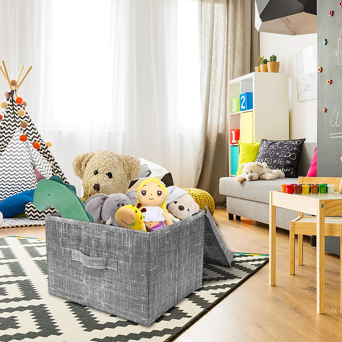 OBewe Foldable storage box Lid storage bin With handle storage box fabric container storage basket Convenient storage pack of 3 Suitable for home bedroom office(Gray, Medium)