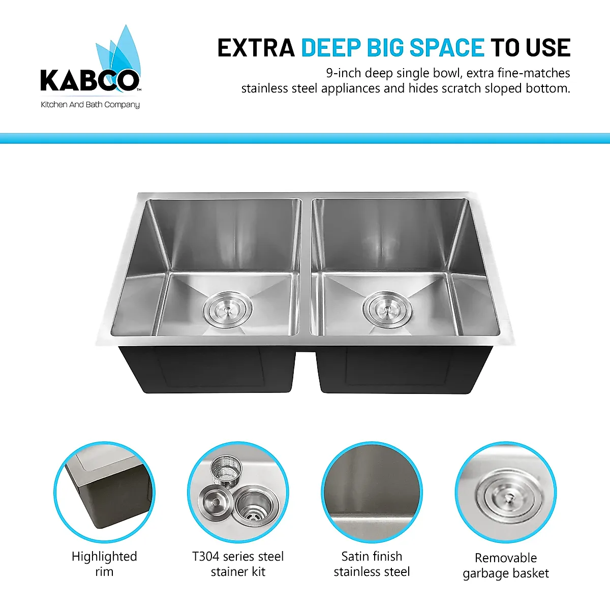 KABCO 18 Gauge 31 Inch Double Bowl Undermount Stainless Steel Kitchen Sink with 4 Pieces Sink Accessories, Rust Resistant Sound and Heatproof Laser Cut Tight Radius Sink for Indoor or Outdoor Kitchens
