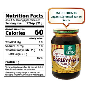 Eden Organic Traditional Barley Malt Syrup, Whole Grain Liquid Sweetener, 74.5% Maltose, Non-Diastatic, Non-GMO, 20 oz Glass Jar