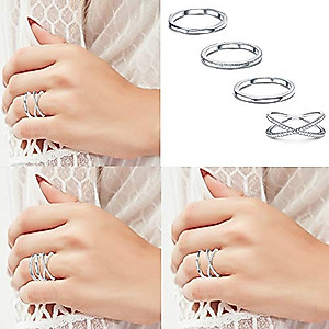 LOYALLOOK 4PCS Stainless Steel Stacking Wedding Band Rings Women CZ Criss Cross Ring Women Engagement Eternity Knuckle Mid Ring Set, Size 7