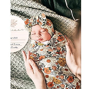Konssy Baby Girl Newborn Receiving Blanket with Headband Set Baby Swaddle Floral Motif Nursery Swaddle Wrap