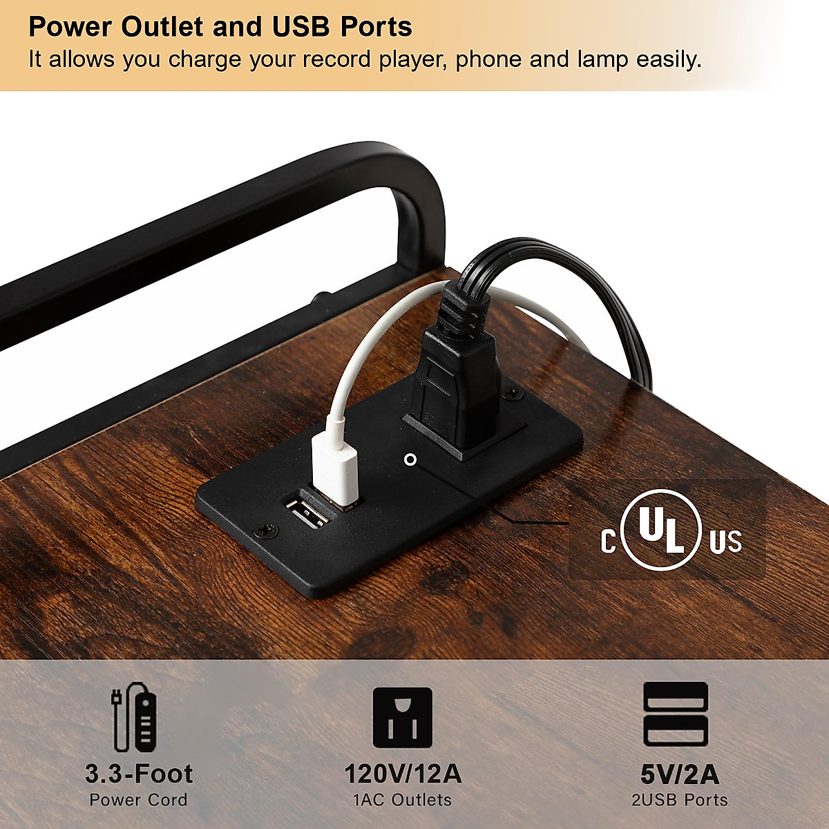 Hadulcet 3 Tier End Table, Record Player Stand with USB Ports and Outlets, Turntable Stand for Vinyl Storage with 3 Dividers, Industrial Side Table for Living Room Bedroom, Rustic Brown