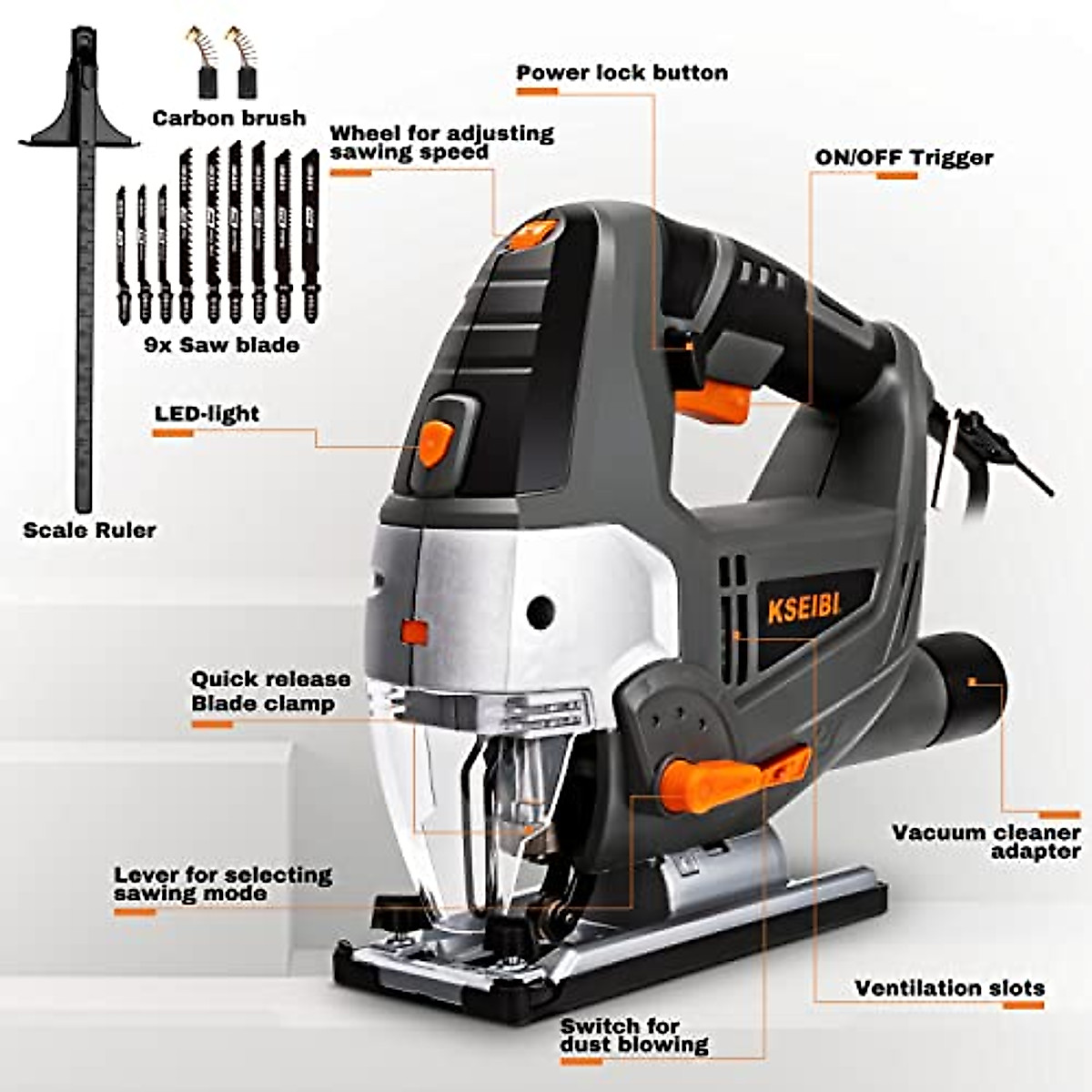 KSEIBI 714011 Jig Saw Corded Electric Machine Tool 6.5A, with Laser & LED, 6 Variable Speed, 9 Tool-Free Blades, ±45° Bevel and Straight Cutting, 4 Orbital Settings and, 8 Feet Cord - KST 110V