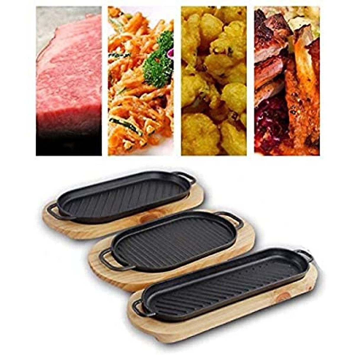 Mavoorick Cast Iron Steak Platter,Skillet Serving Plate with Handle, Kitchen Asian Style Cast Iron Serving Dish with Wooden Serving Board,Grilled Steak Grilled Meat Iron Plate-S