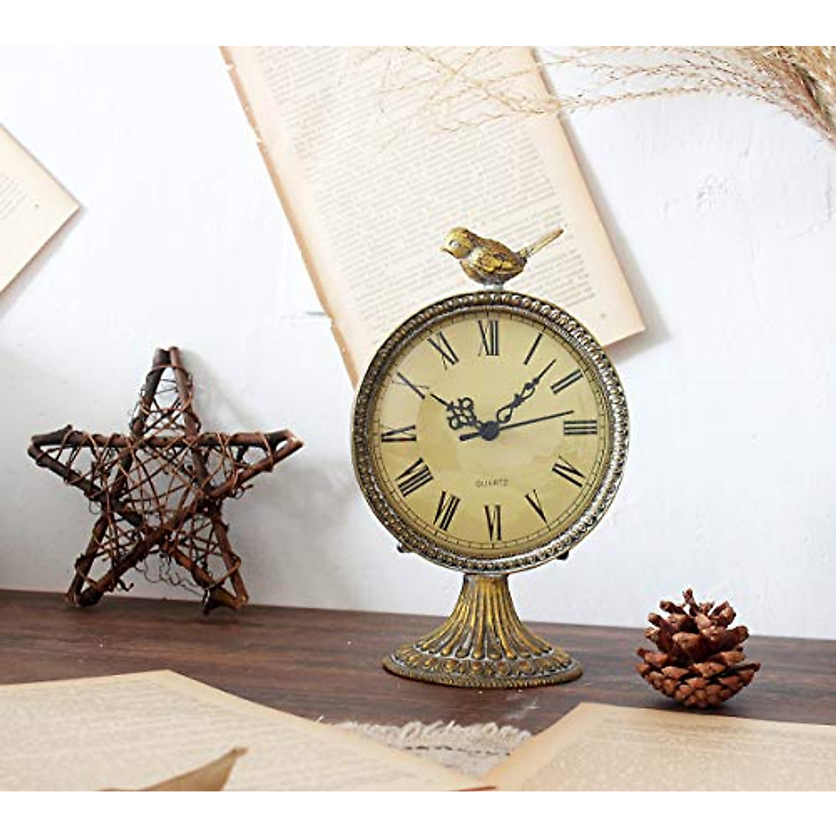 Funly mee Vintage Pewter Table Clock with Cute Bird,Antique Gold