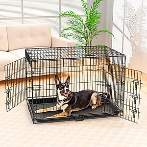 48 Inch Dog Crates for Large Dogs with PP Leak-Proof Dog Pan,XL Double Door Folding Metal Pet Crate with 3 pcs Slide Bolt Latch，Animal Cage Indoor Outdoor Dog Kennel