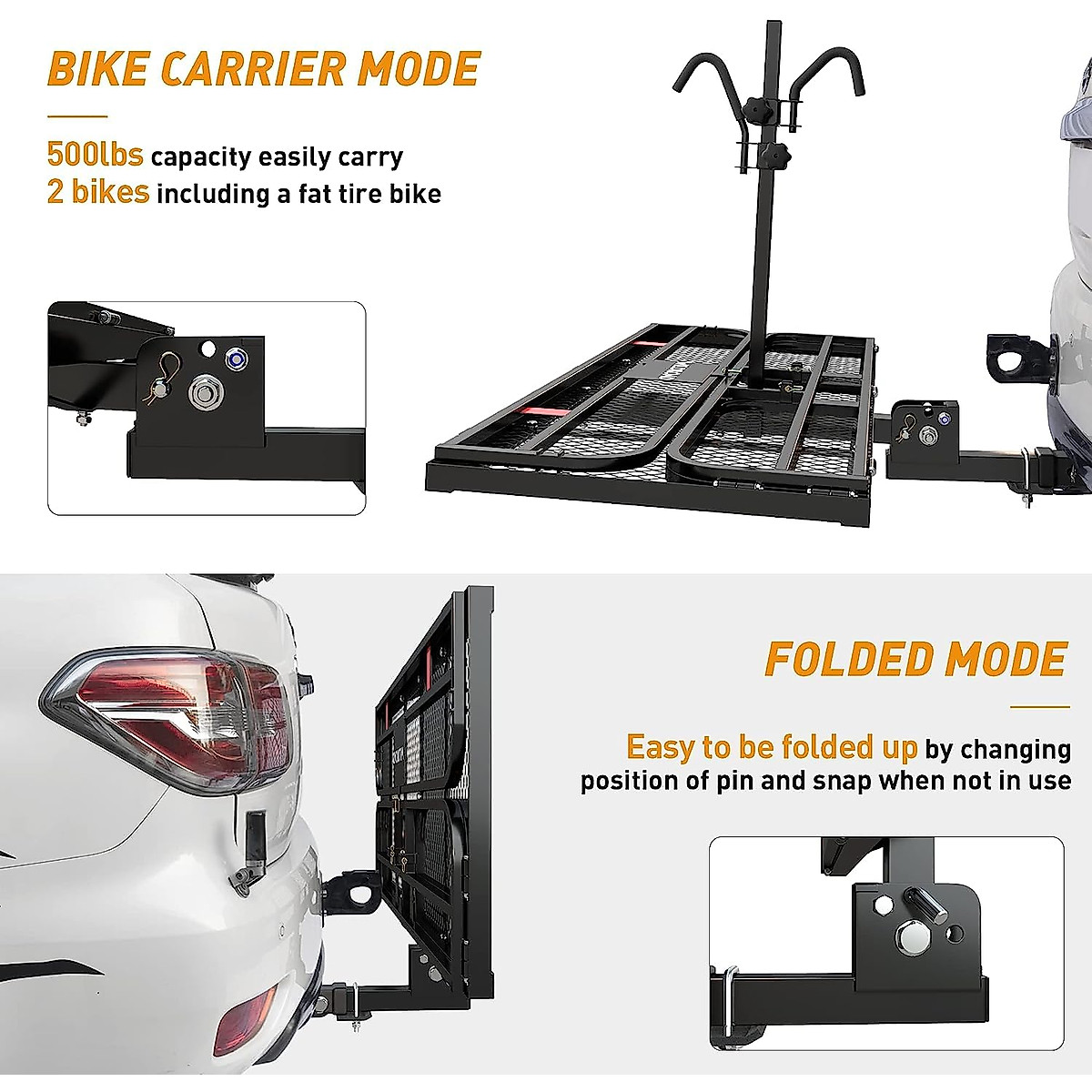 Wildroad Hitch Cargo Carrier with Bike Rack 60" x 24" x 14" Hitch Mount Cargo Carrier 2 Bikes 500 LBS Capacity Folding Hitch Bike Rack for Standard, Fat Tire and Electric Bike Fits 2" Receiver