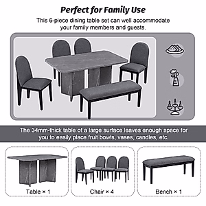 Merax 6 Pieces Dining Table Set with 4 Chairs and 1 Bench,Modern Faux Marble Kitchen Furniture, Gray