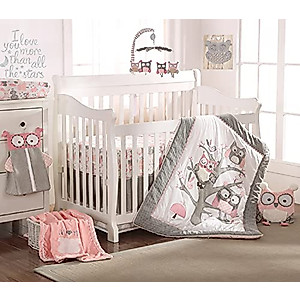 Levtex Baby - Night Owl Pink Plush Blanket - Tossed Owls and Trees on Soft Plush with RIC Rac Trim - Pink, Grey, White - Nursery Accessories - Blanket Size: 30 x 40 in.