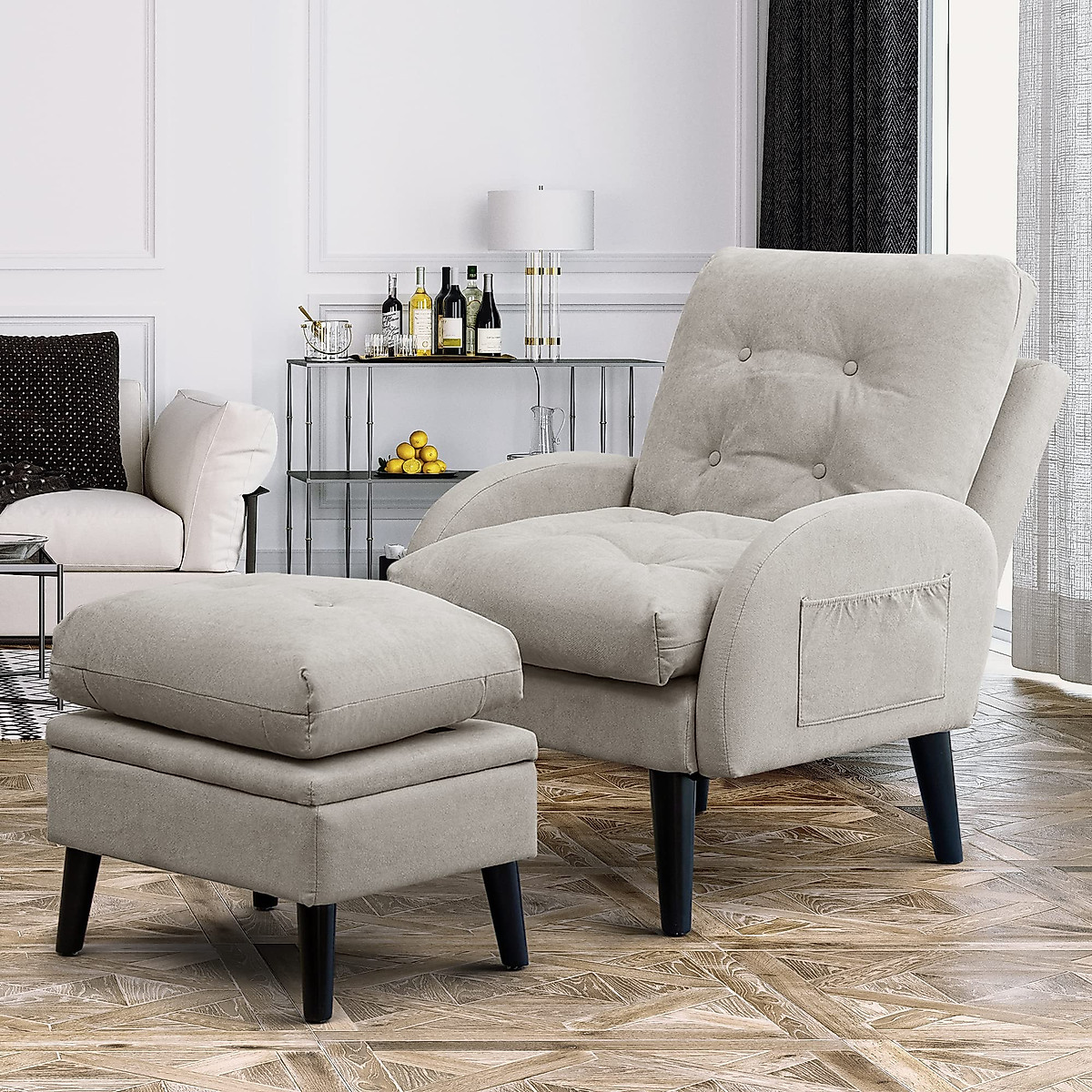 ELUCHANG Accent Chairs with Ottoman, Upholstered Comfy Armchair with Adjustable Backrest&Storage Footrest, Lazy Chair Reading Chair Leisure Sofa Recliner for Living Room Bedroom (Light Grey - Linen)