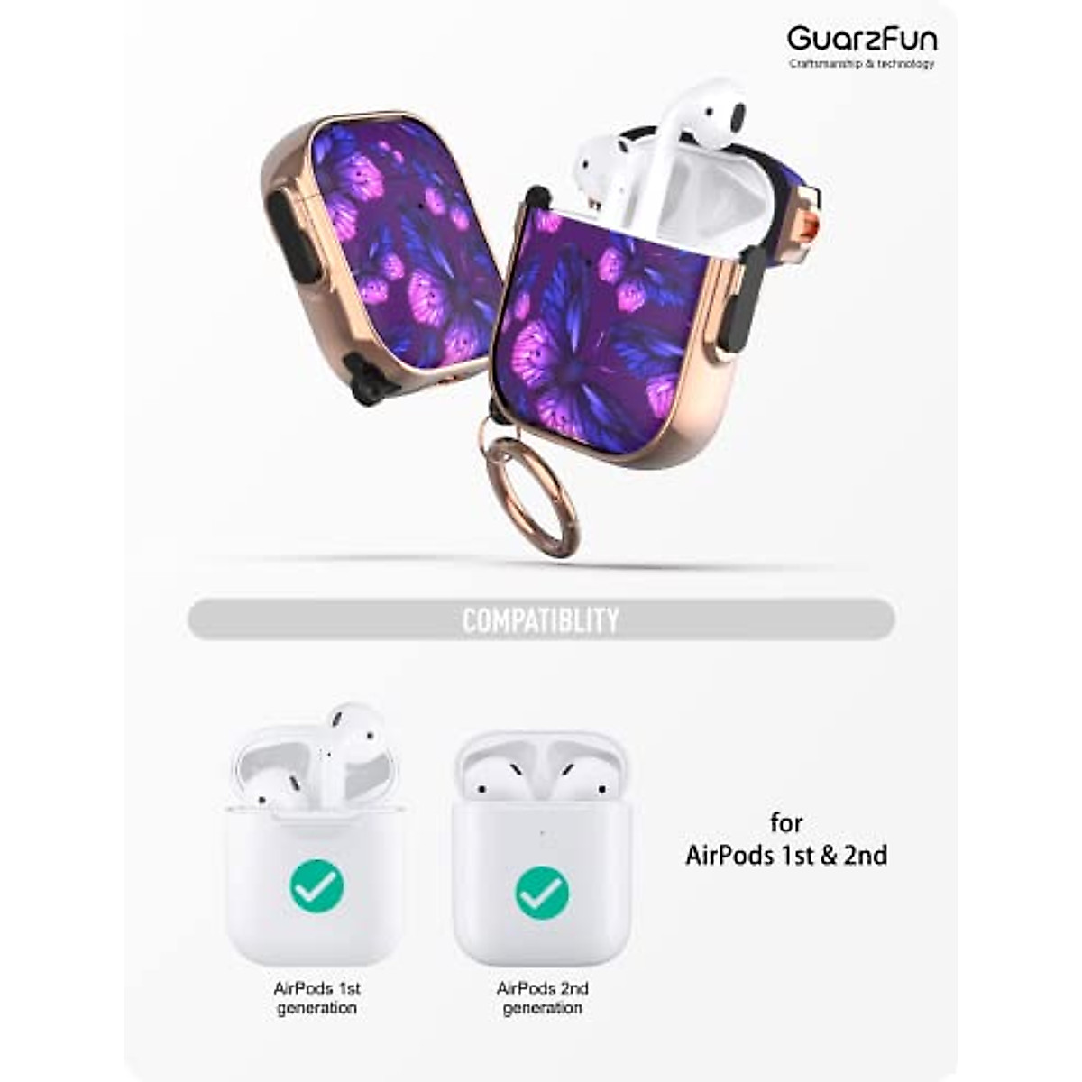 GuarzFun case for AirPods 1st & 2nd Case, Secure Lock Airpod case with Lock lid Keychain Clip, Full Body Hybrid Material Protective Cover for Men Women (Purple Butterfly)