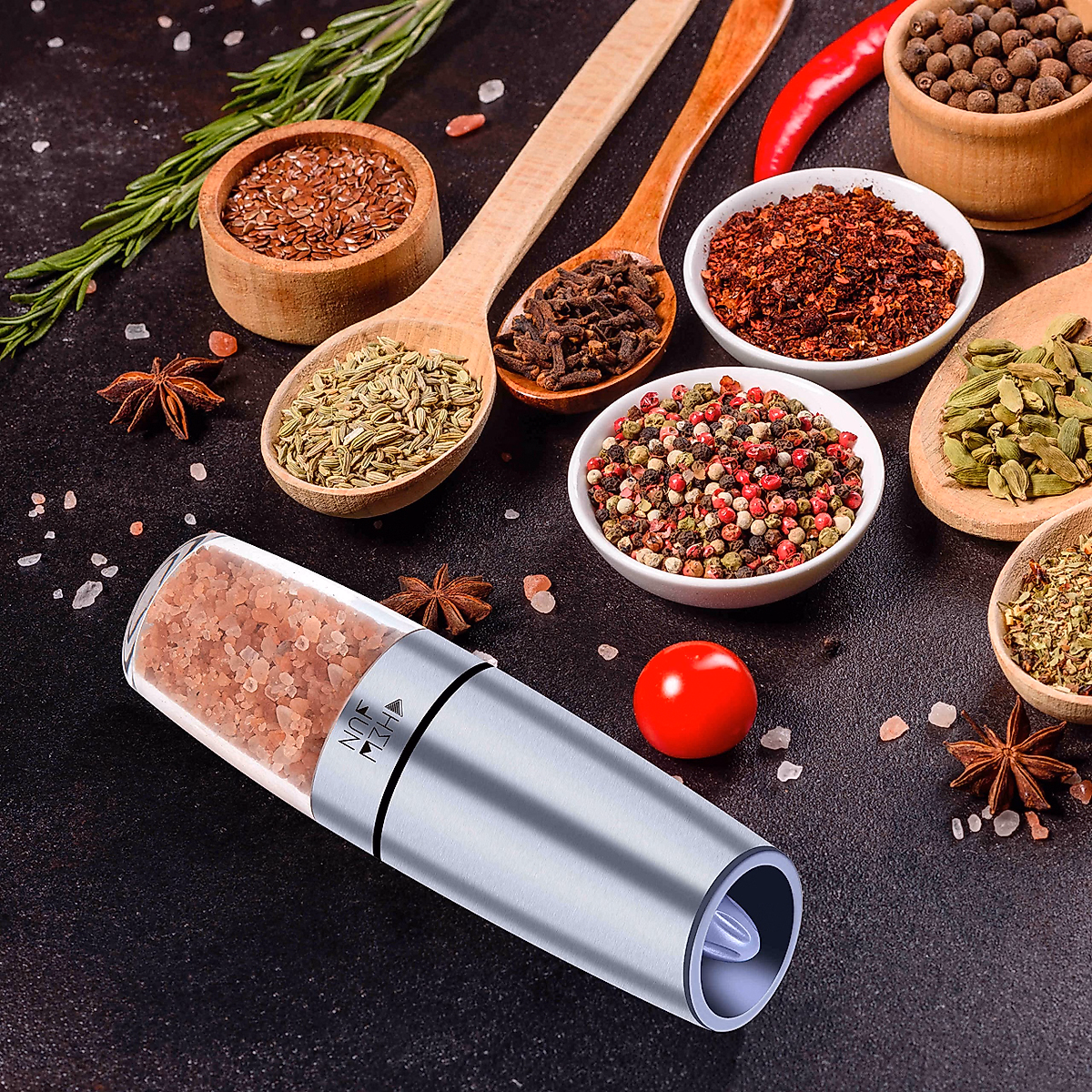Gravity Salt and Pepper Grinder Set with Adjustable Coarseness Automatic Pepper and Salt Mill Set Battery Powered with Blue LED Light,One Hand Operated,Brushed Stainless Steel by CHEW FUN