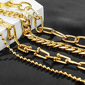 17IF 25 Pcs (6 Pack) Gold Chain Bracelets Set for Women Boho Punk Stackable Y2K Multipack Layered Bangles Pack Adjustable Cuff Italian Cuban Anklet Charm Chunky Bracelet Bundle Jewelry