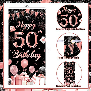 50th Birthday Decorations for Women Black and Rose Gold, Happy 50th Birthday Door Banner, Triangle Flag Garland, Number 50 Balloon, Fifty Year Old Birthday Party Supplies