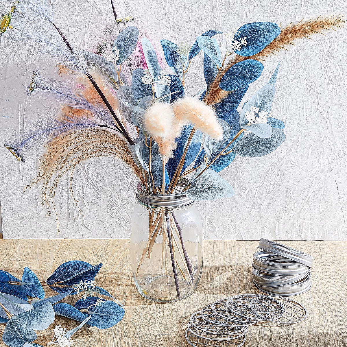 15 Pieces Mason Flower Jar Insert Lid for Wide Mouth Mason Canning Jars Metal Flower Lid Insert Mason Grid Flower Organizer Lid Insert Mason Jar Lids with Straw Hole