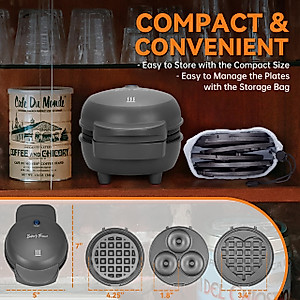 Baker's Friend 4 in 1 Mini Waffle Maker with Removable Plates, A Set of Mini Pancake Maker, Mini Donut Maker, Mini Heart Shape Waffle Maker and Small Waffle Maker, Recipe Included, Graphite