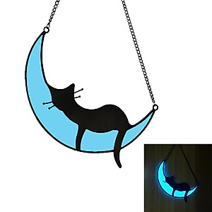 Glow in The Drak Stained Glass Window Hanging for Easter Home Decoration Black Cat Decor Suncatchers for Cat Lover Mom Friend