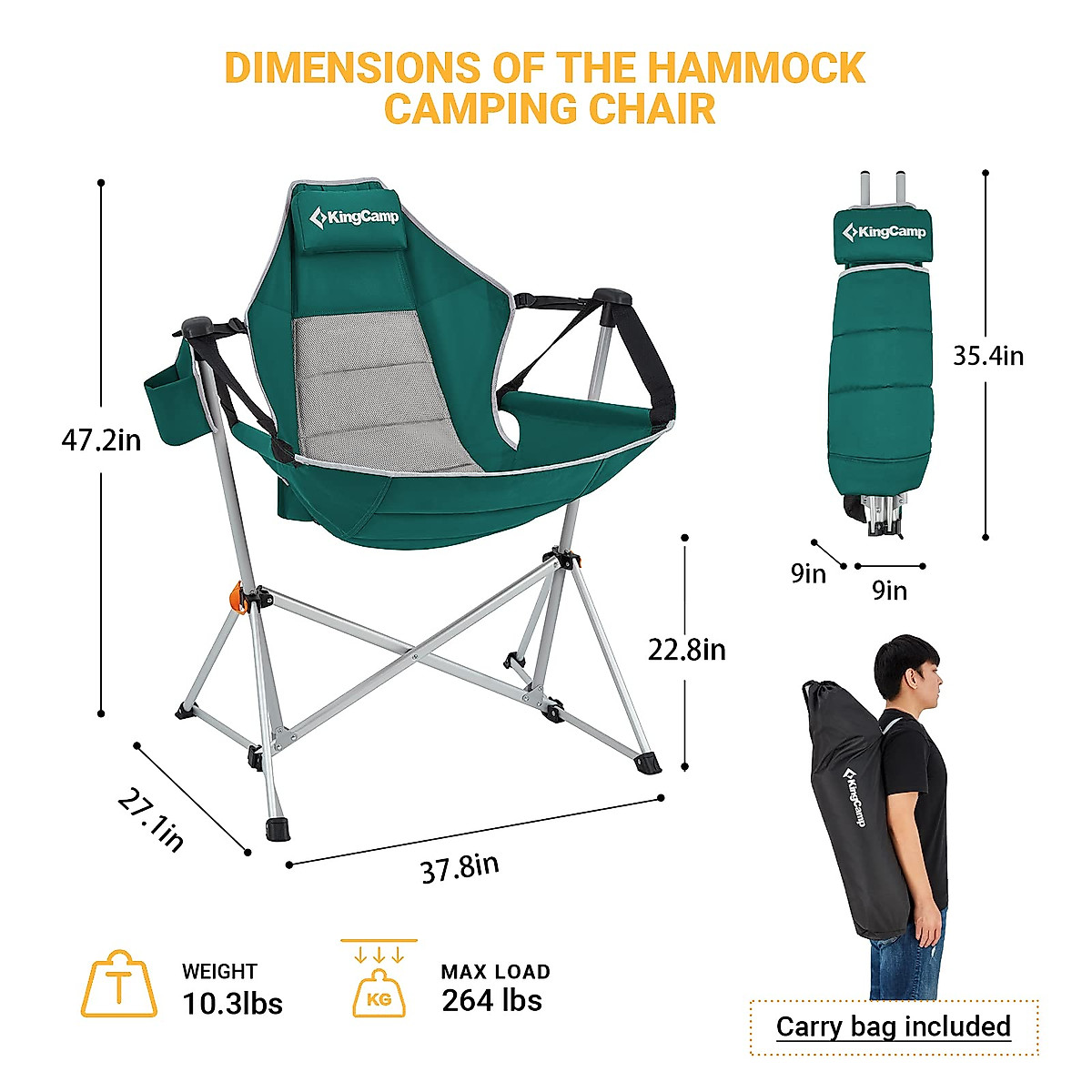 KingCamp Hammock Camping Chair Folding Rocking Chair Heavy Duty Portable Swing Recliner Chair with Pillow for Outdoor Lawn Backyard Picnic, Green