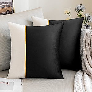 ANRODUO Pack of 2 Black Throw Pillow Covers Decorative Velvet Patchwork with Gold Leather Pillowcase Soft Solid Decoration Cushion Case Square for Couch Sofa Living Room Home Decor 16x16 Inch