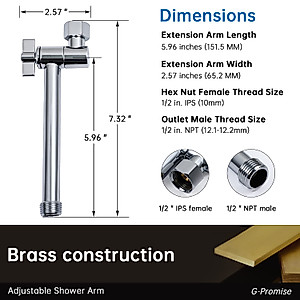 G-Promise Shower Head Extender, 6" Solid Brass Height/Angle Adjustable Shower Arm Extension with Single Locking Joint, Standard 1/2" Thread for Universal Shower Heads (6 inch, chrome)