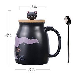 YUESHICO Witches coffee mug - Witch Ceramic Coffee Cup with Black Cat Bamboo Lid Stainless Steel Spoon, Novelty Morning Cup Tea Milk Christmas Halloween Mug Gift 420ML (Black)