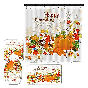 Moresave Autumn Thanksgiving Shower Curtain Sets,Maple Leaf Pumpkin Sunflowers 4PCS Bathroom Toilet Set