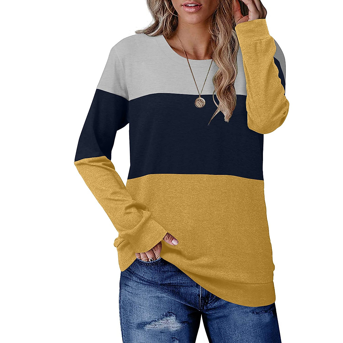 CRAZY GRID Ladies Long Sleeve Tops Pullover Color Block Casual Sweatshirts Comfy Lounge Blouse Blue Yellow Medium