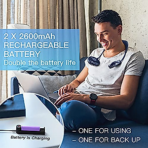Portable Neck Fan, 24 Working Hours Rechargeable Battery Operated Fan with a Charger for 2x2600 mAh Battery, Personal Fan Hands Free Wearable Hanging Around Neck Fans for Travel Gardening Cooking