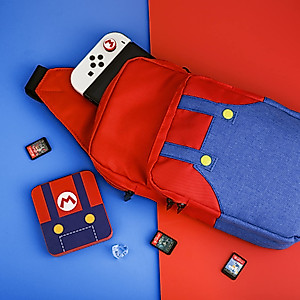 GLDRAM Theme for Mario Switch Travel Bag, Cute Carrying Bag for Nintendo Switch/OLED/Lite, Breathable Switch Crossbody Shoulder Backpack Accessories Bundle with 12 Slots Game Case Holder & Thumb Caps