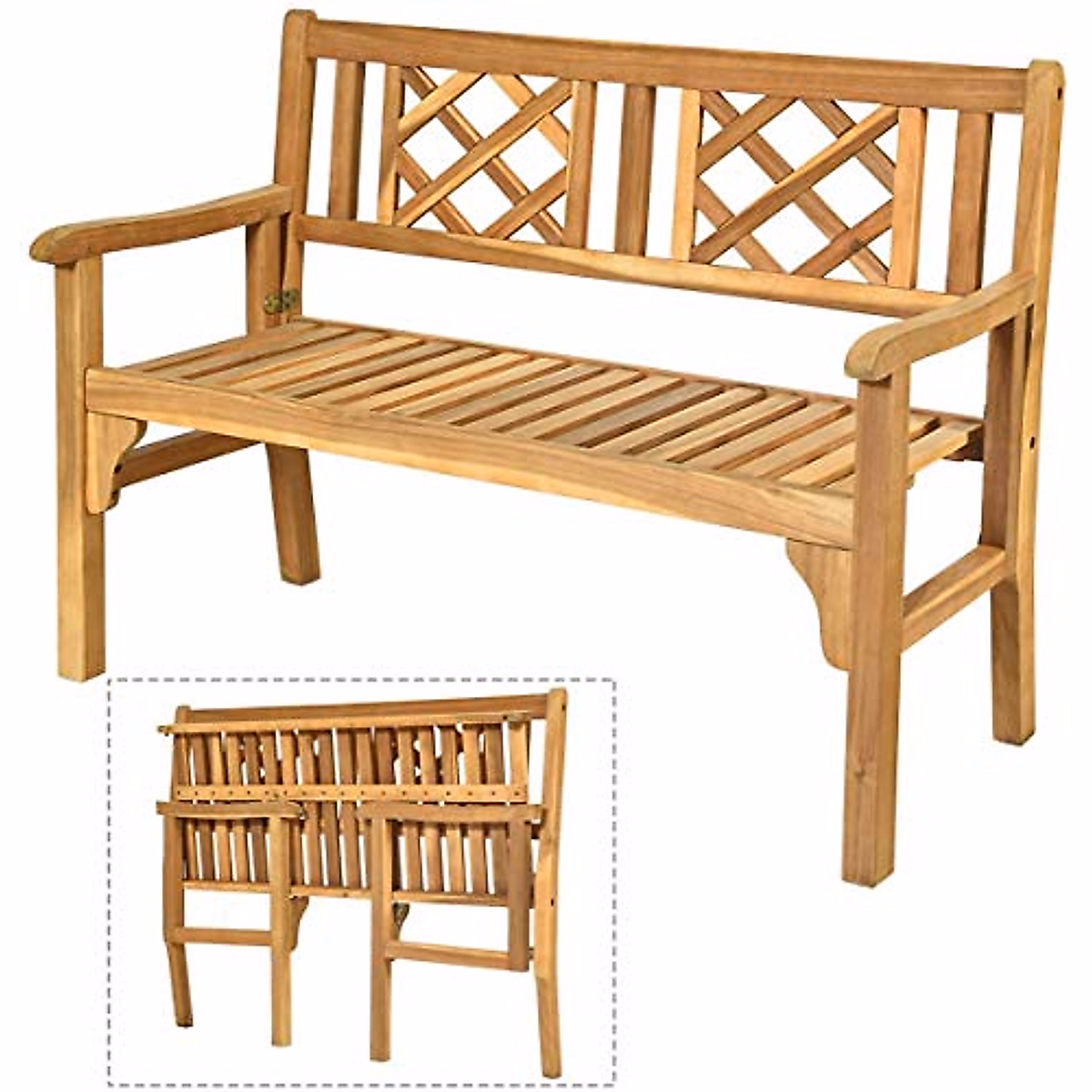 LDAILY Moccha 4 Ft Outdoor Patio Foldable Bench, Two Person Solid Wood, Acacia Wood Bench, Garden Bench with Curved Backrest and Armrest, Outdoor Park Bench Ideal for Balcony, Porch