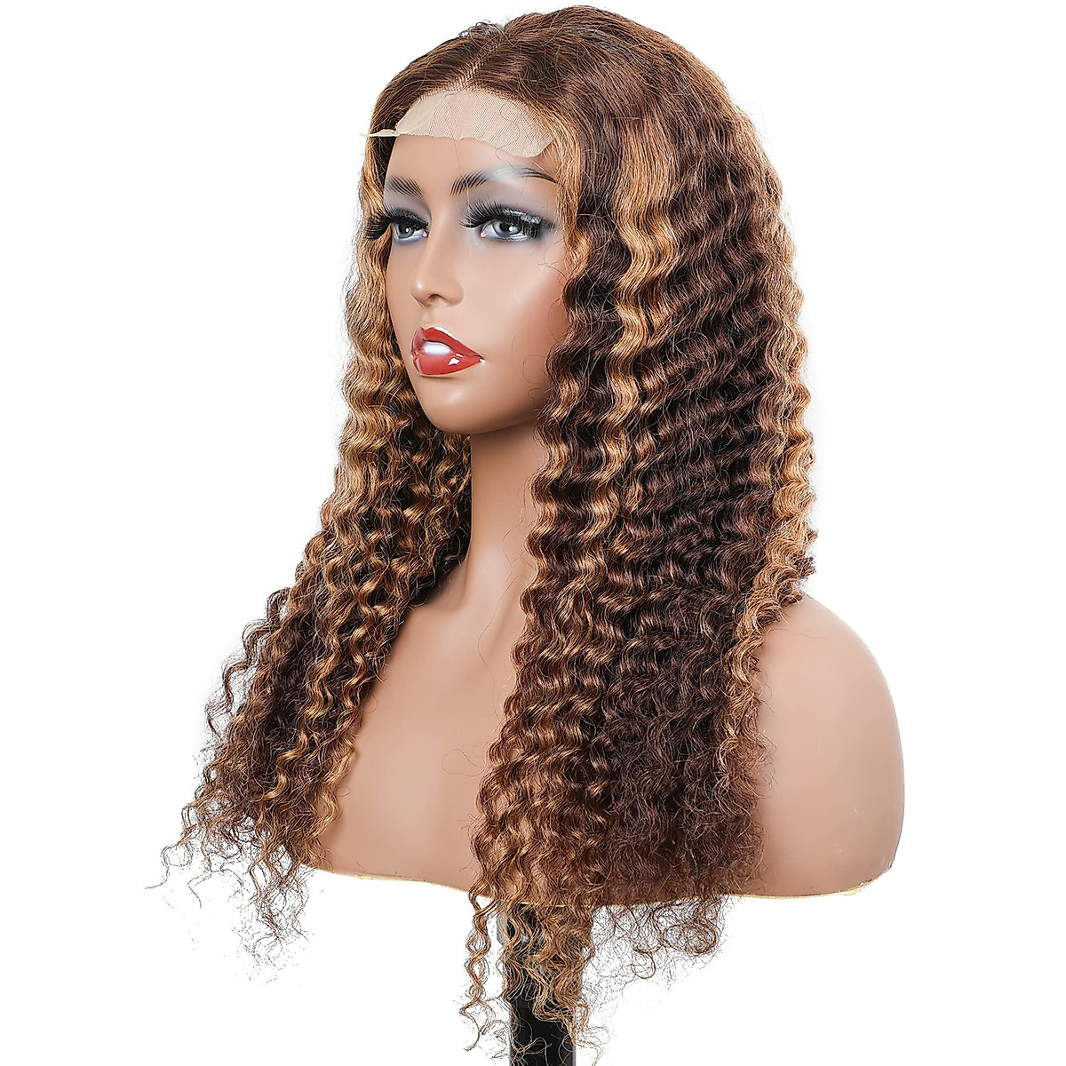 BLY Highlight Human Hair Lace Front Wigs Deep Wave #4/27 Ombre Colored Glueless Wigs Pre Plucked 18 Inch 4x4 Transparent Curly Water Wave Lace Wig Honey Blonde Real Human Hair 180% Density