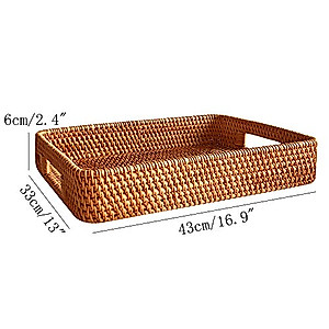 17 Inch Oversize Handmade Serving Tray, Rectangular Trays with Cutout Handles and 2.3”Wall, Decorative Rattan Storage Baskets Woven Organizer Plate Tray For Bread, Fruits，Catch All Dish, XL, Brown