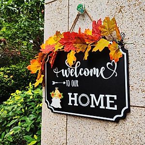 16 Inch Seasonal Welcome Sign Wreaths for Front Door with 12 Holiday Gnomes Interchangeable,Fall Decor Hanging Porch Door Signs,DIY Long Maple Garland (Black)