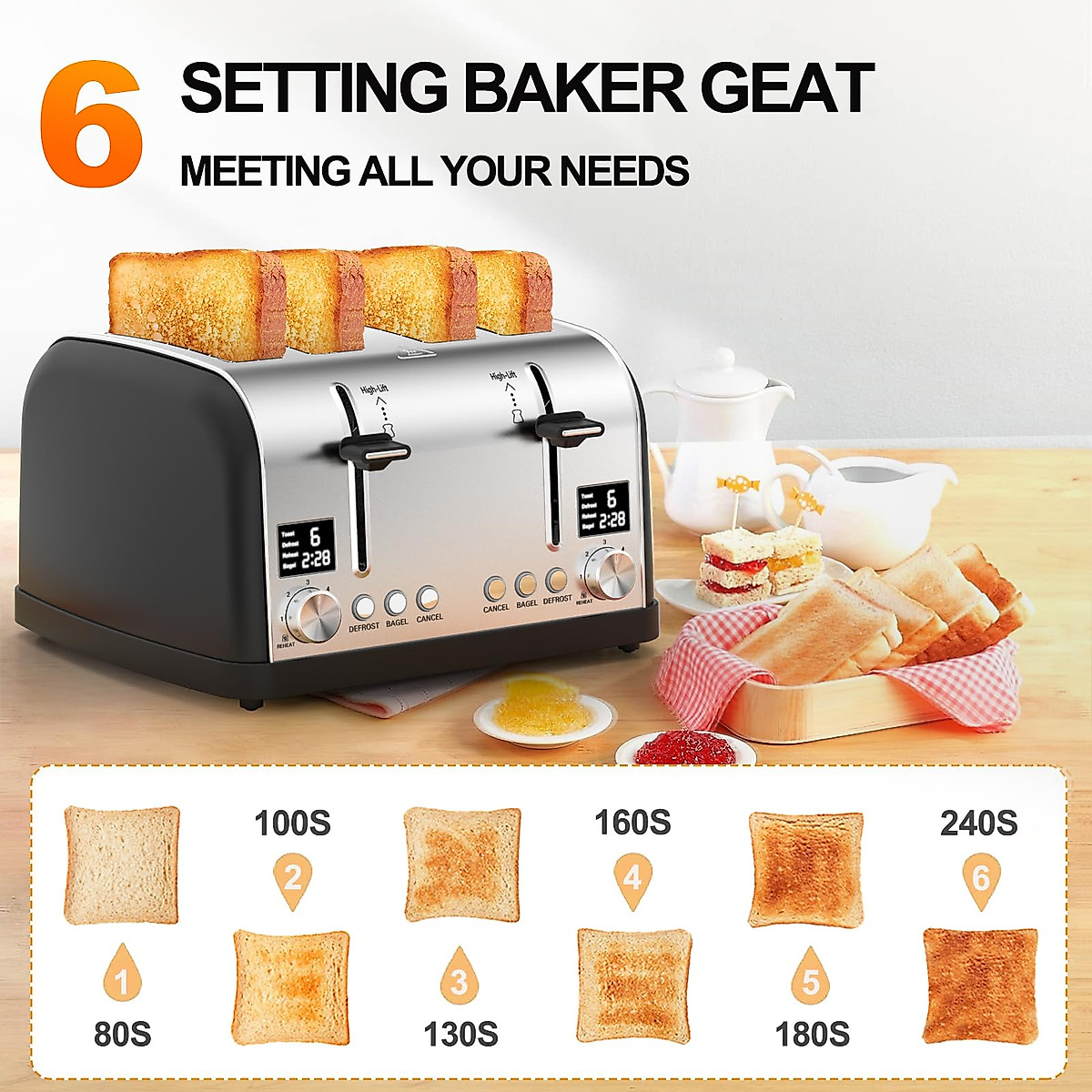 Toaster 4 Slice,Ultra-Clear Led Display, Dual Control Panels With Independent Settings,Retro Stainless Steel Toaster Wide Slot for Waffles, 4 Slice Toaster with Bagel LainstenT-5057D (Black)