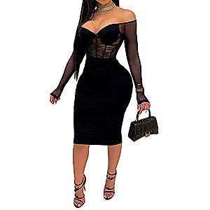 Uni Clau Women Sexy V Neck Mesh Patchwork Bodycon Dress Off Shouler See Through Long Sleeve Bodycon Dress Midi Party Club Dress Black L