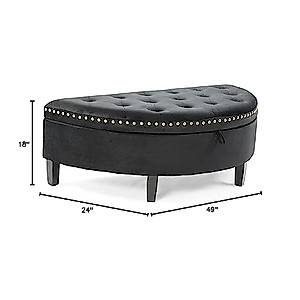 Iconic Home Jacqueline Half Moon Storage Ottoman Button Tufted Velvet Upholstered Gold Nailhead Trim Espresso Finished Wood Legs Bench Modern Transitional Black
