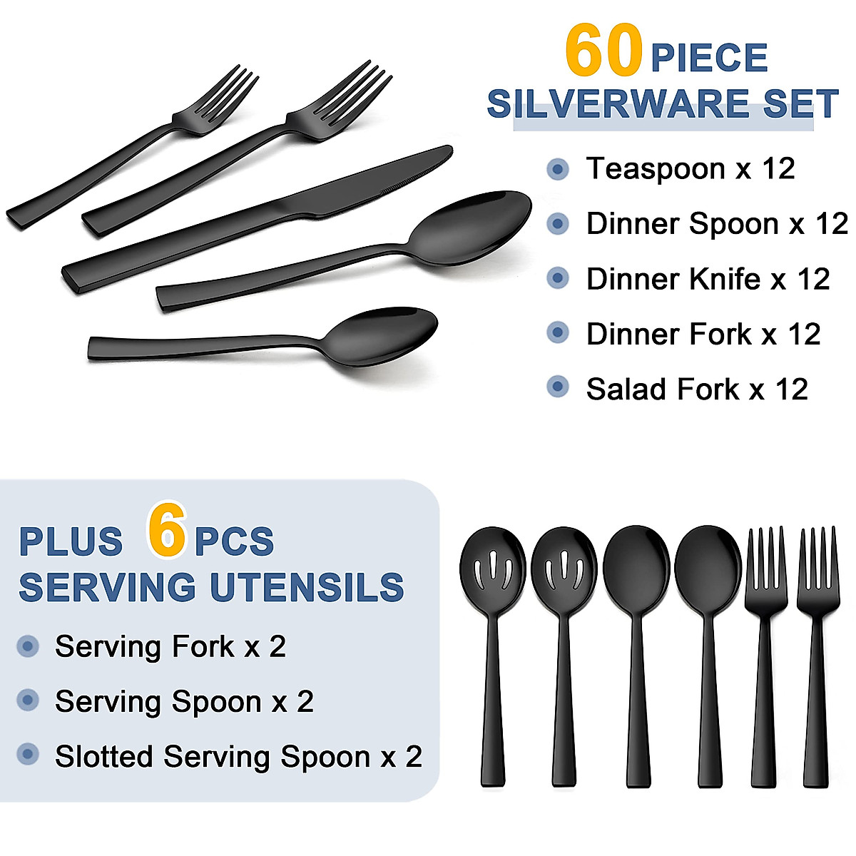 Homikit 66-Piece Shiny Black Silverware Set with Serving Utensils, Stainless Steel Square Flatware Cutlery for 12, Home Restaurant Eating Utensils with Fork Spoon Knife, Mirror Polish, Dishwasher Safe