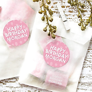 Personalized Happy Birthday Party Favor Stickers with Name - Custom Envelope Seals, Bag Stickers - 1.75 in. Round - 40 Labels (Light Pink)