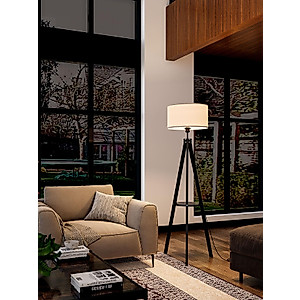 addlon Tripod Floor lamp with Remote, Floor Lamps for Living Room, Standing Wood lamp with Shelf, mid Century lamp with LED Bulb for Bedroom, Office (Stepless Brightness, Multiple CCT)- Black